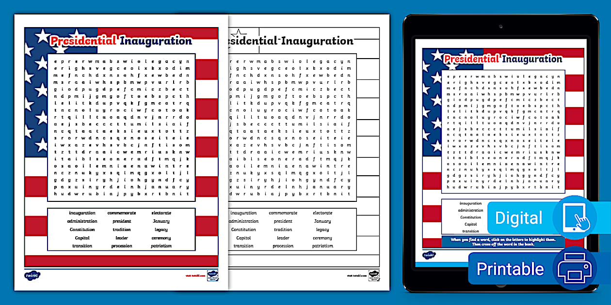 Presidential Inauguration Word Search for 3rd-5th Grade