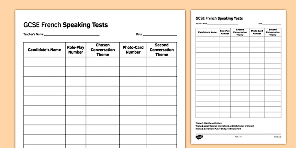 GCSE French Speaking Test Sequence Template (teacher made)