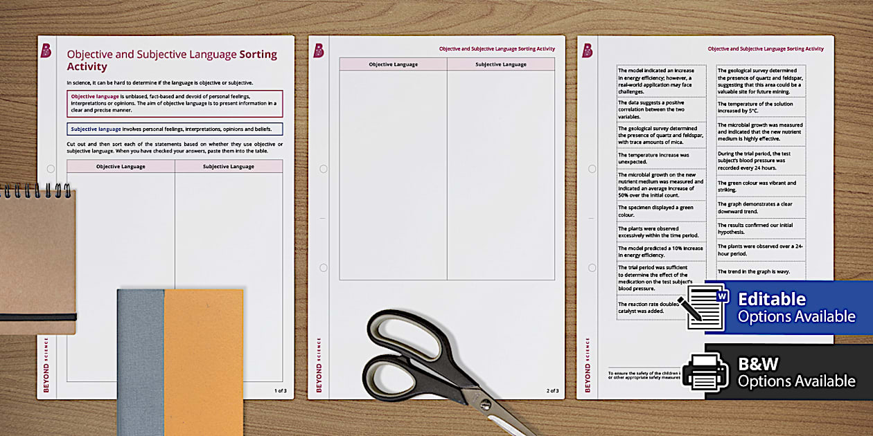 Objective and Subjective Language Sorting Activity - Twinkl