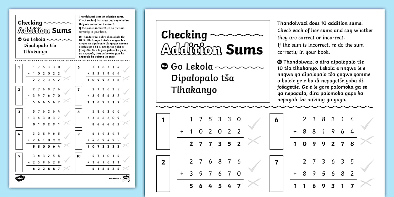 Checking Addition Sums Activity Sheet Sepedi (teacher made)