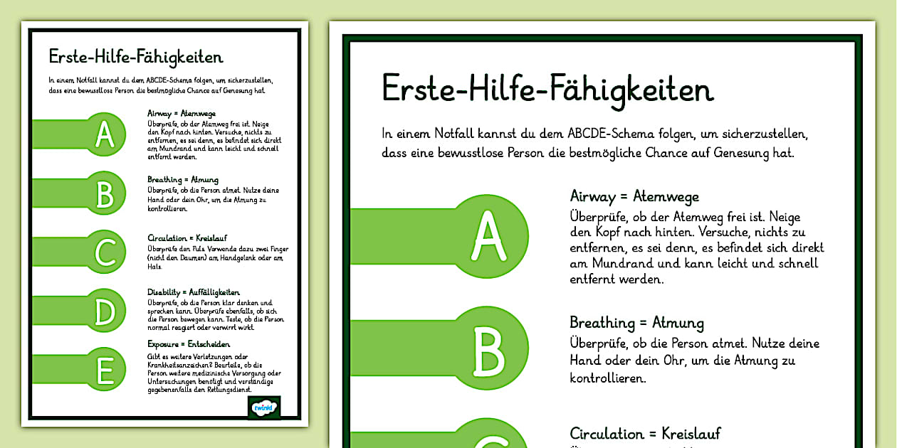 Erste-Hilfe-Übersicht: ABCDE-Schema - Twinkl