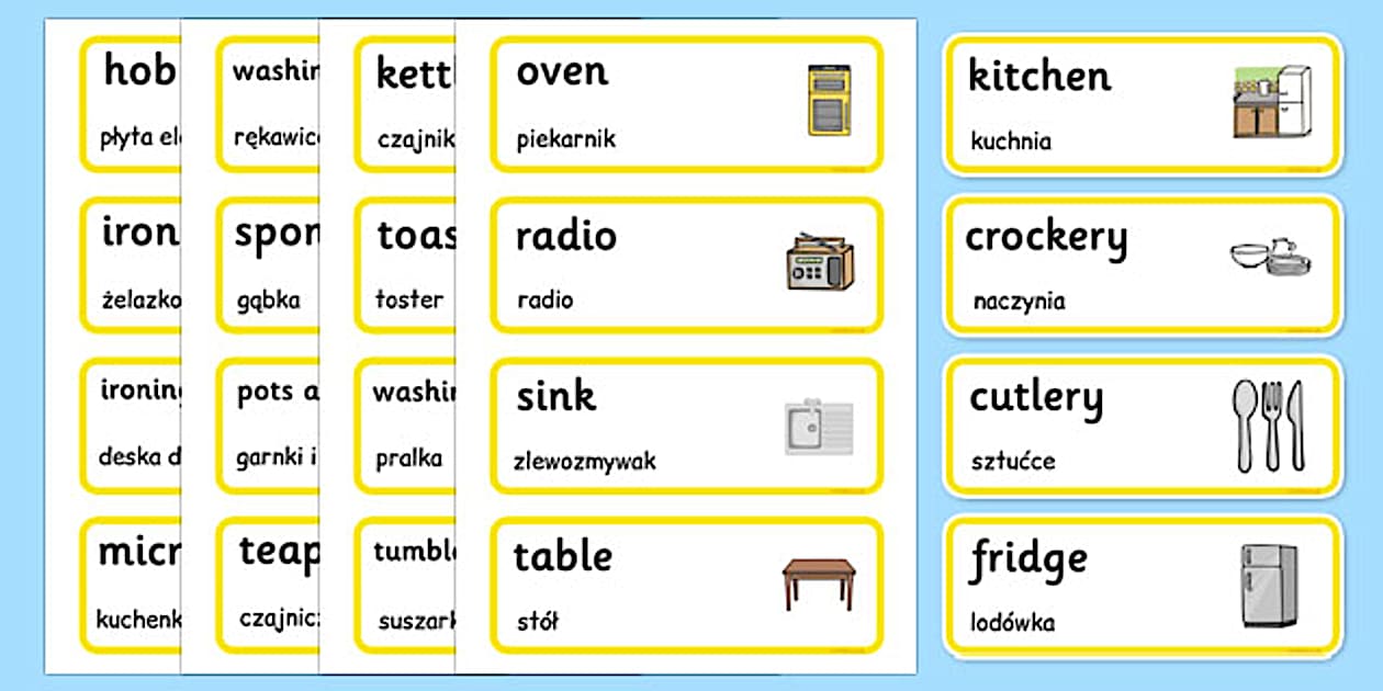 Kitchen Words Cards Polish Translation (teacher made)