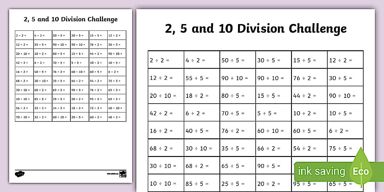 2,5 and 10 Division Challenge Worksheet / Worksheet - 2,5 and 10 Division