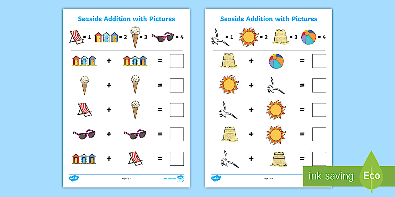 Seaside Themed Addition with Pictures Worksheet / Worksheet Pack