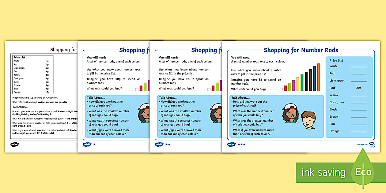 KS1 Shopping for Number Rods Differentiated Worksheets