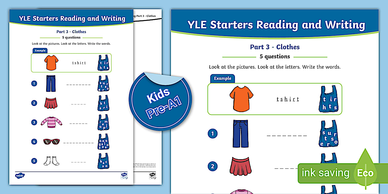 YLE Starters - Reading and Writing Part 3 (Clothes) - Twinkl