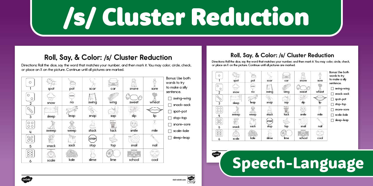 Roll, Say, & Color: /s/ Cluster Reduction Worksheet for SLP
