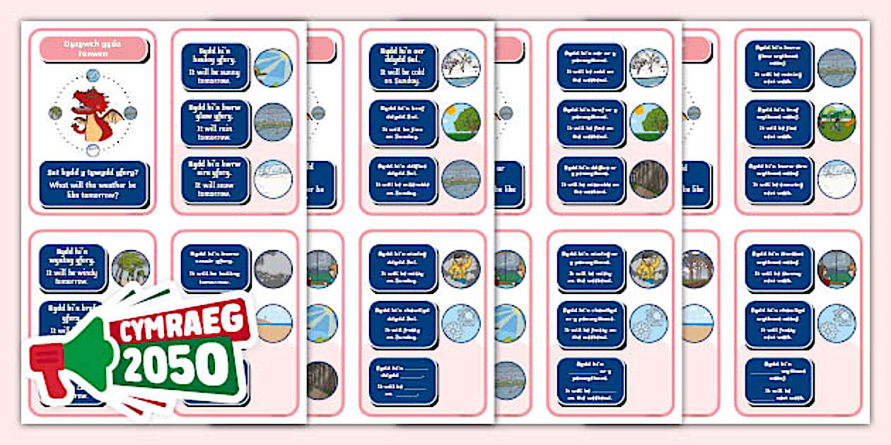Learn Welsh: Cardiau Fflach y Tywydd: Amser y Dyfodol/Future Tense Weather