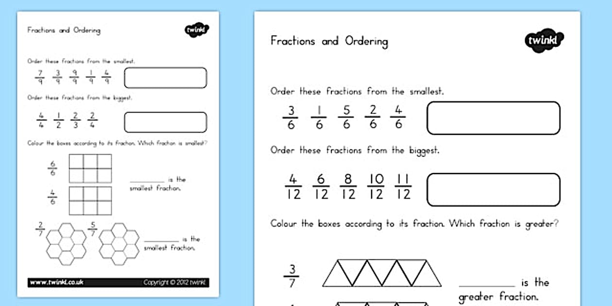 Lower Ability Fractions and Ordering Worksheet - Twinkl