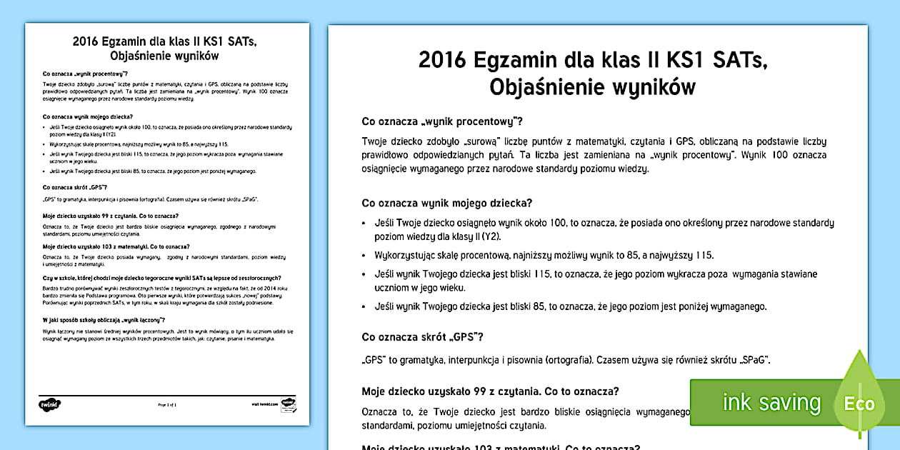 Objaśnienie-wyników-egzaminów-KS1-SATs-2016 - Twinkl