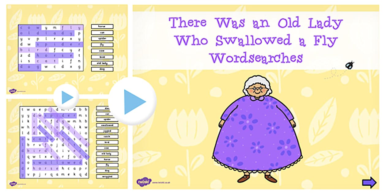There Was an Old Lady Who Swallowed a Fly Interactive Wordsearch