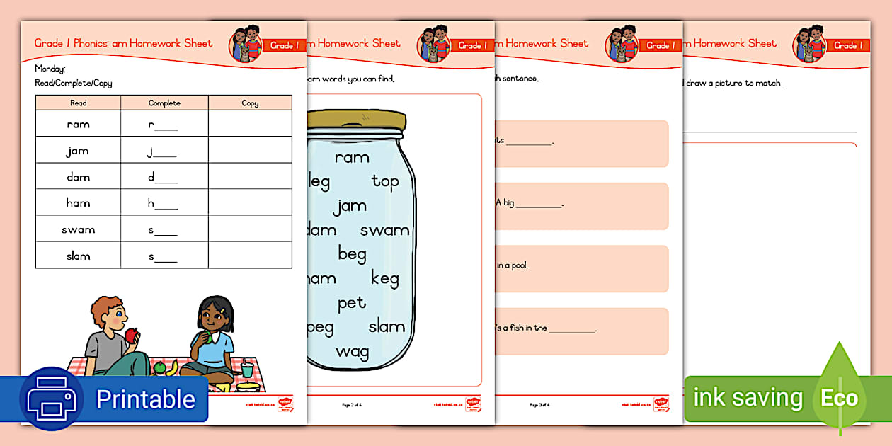 Grade 1 Phonics: -am Homework Sheet