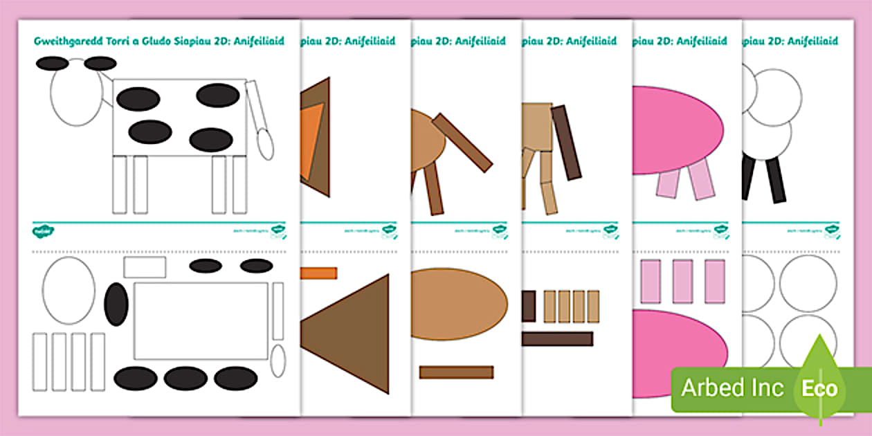 Gweithgaredd Torri a Gludo Siapiau 2D: Anifeiliaid - Twinkl