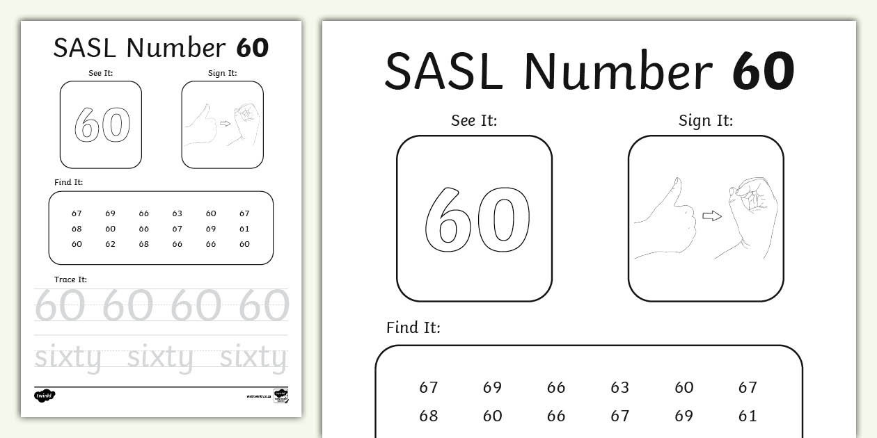 SASL Number 60 Activity Worksheet (Teacher-Made) - Twinkl