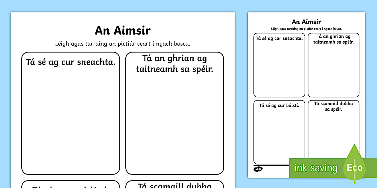 The Weather Read and Draw Worksheet Gaeilge - Twinkl