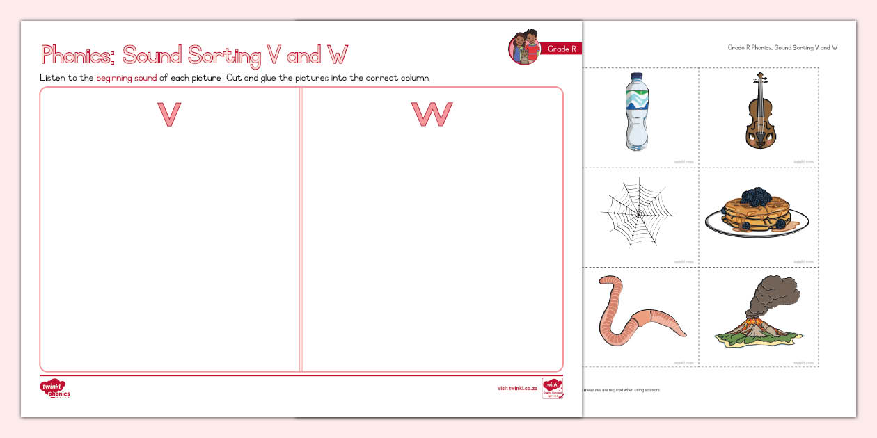 Grade R Phonics: Sound Sorting Cut-and-Paste Activity V and W