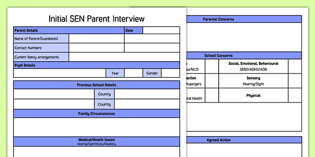 Editable Initial SEN Parent Interview Form Template - Twinkl