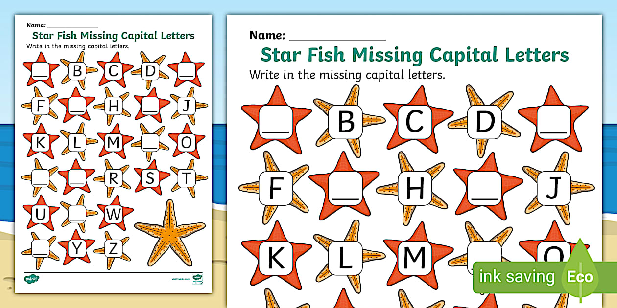 Starfish Missing Capital Letters Worksheet | Twinkl | KS1