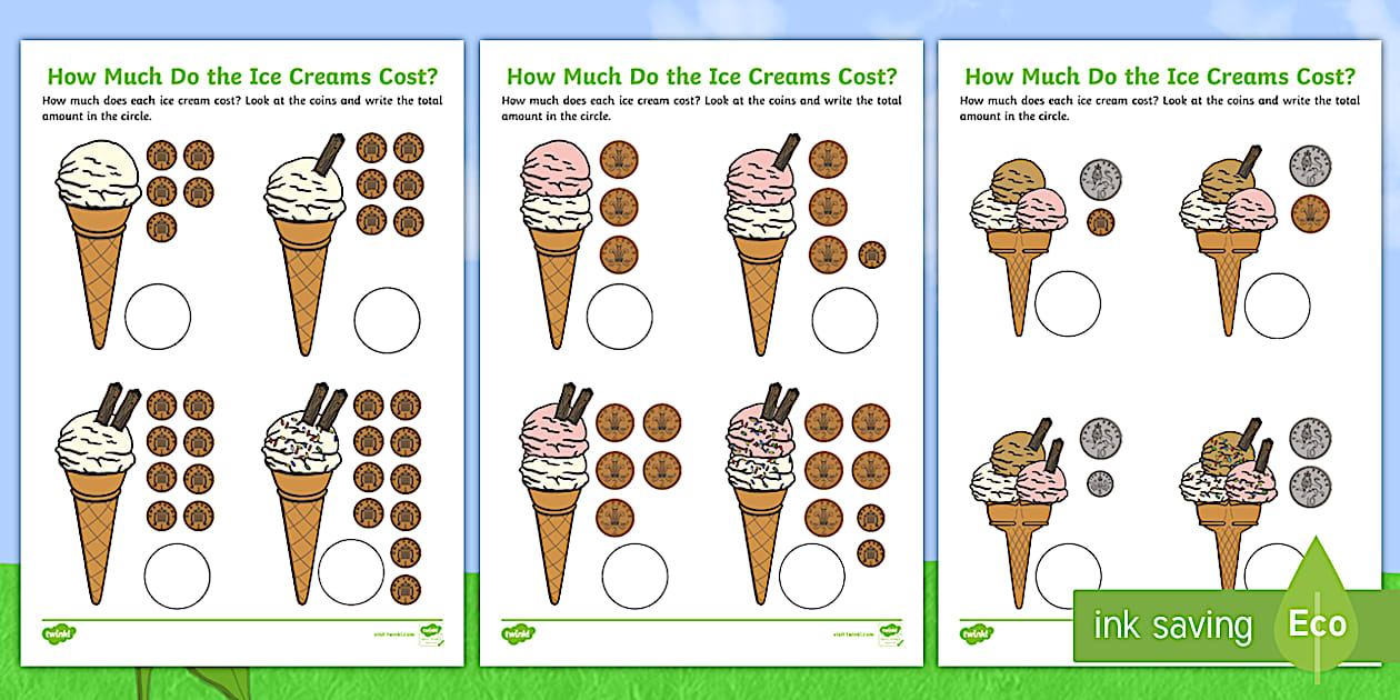 Ice Cream Addition Coin Worksheets - Twinkl