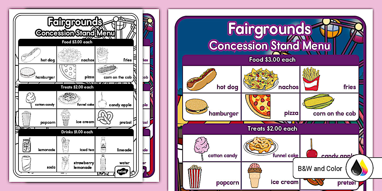 Fairgrounds Dramatic Play Concession Stand Menu Sign
