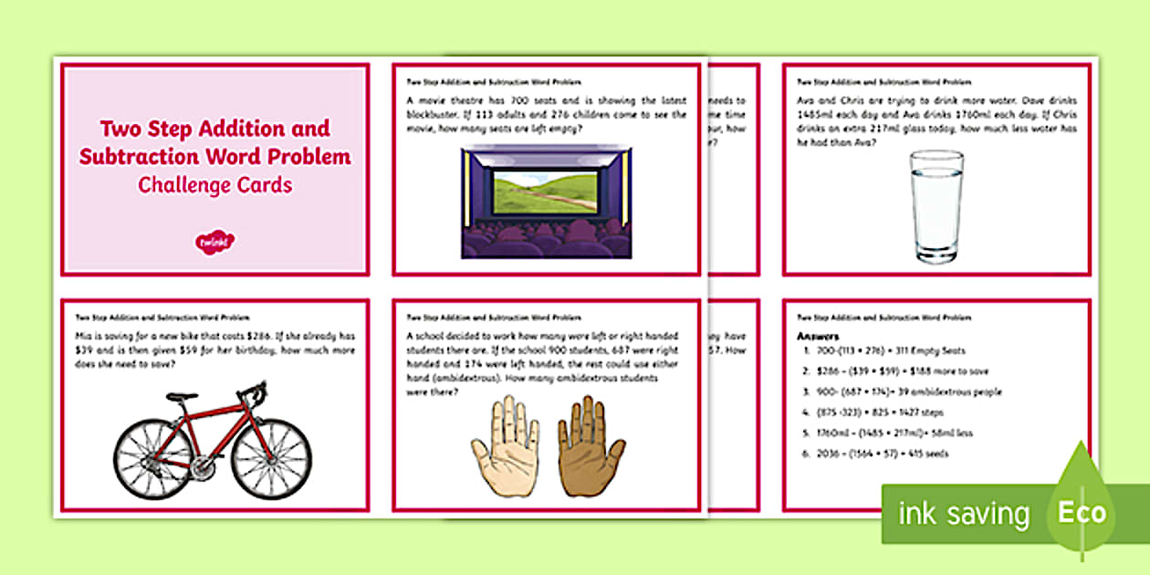 Editable Two Step Addition and Subtraction Word Problem Challenge Cards
