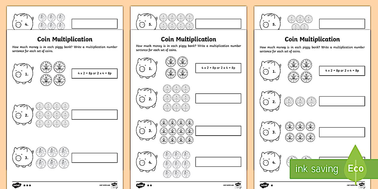 Year 2 Maths Coin Multiplication Homework Worksheet / Worksheet