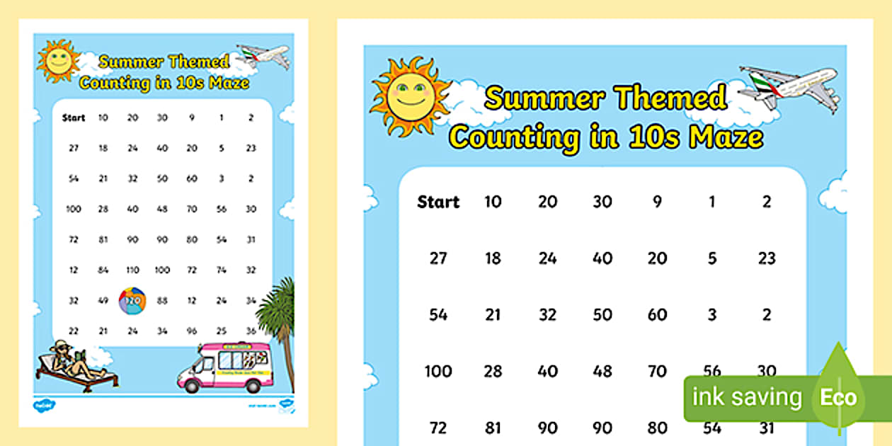Summer Counting in 10s Maze (teacher made) - Twinkl