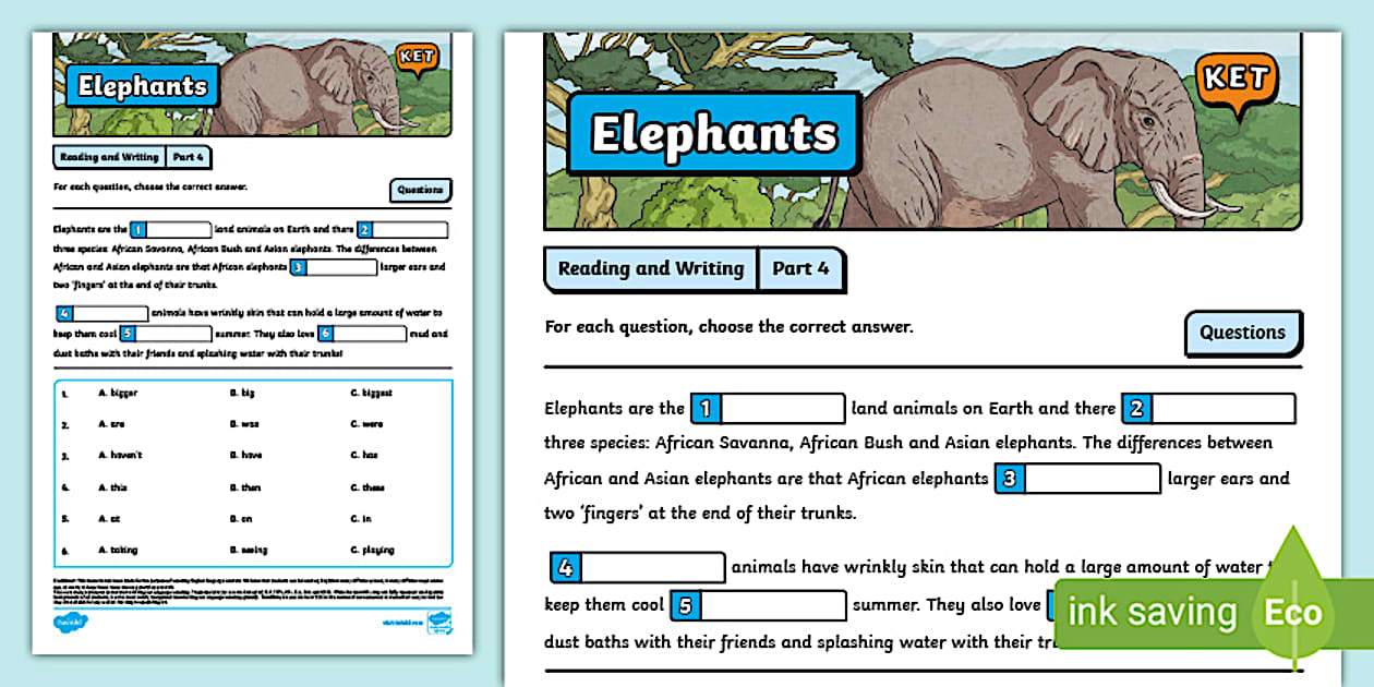 ESL A2 Key Reading and Writing Part 4 Worksheet (Elephants)