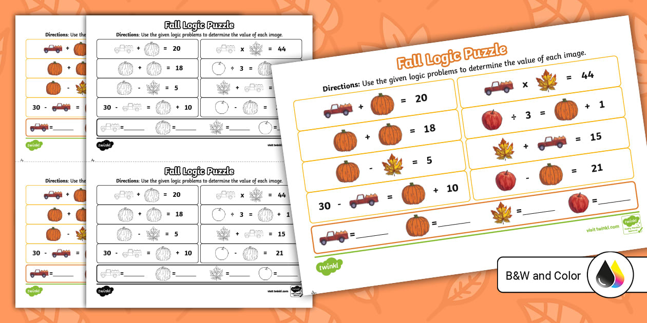 Algebra Critical Thinking Fall Logic Puzzle for 6th-8th Gr