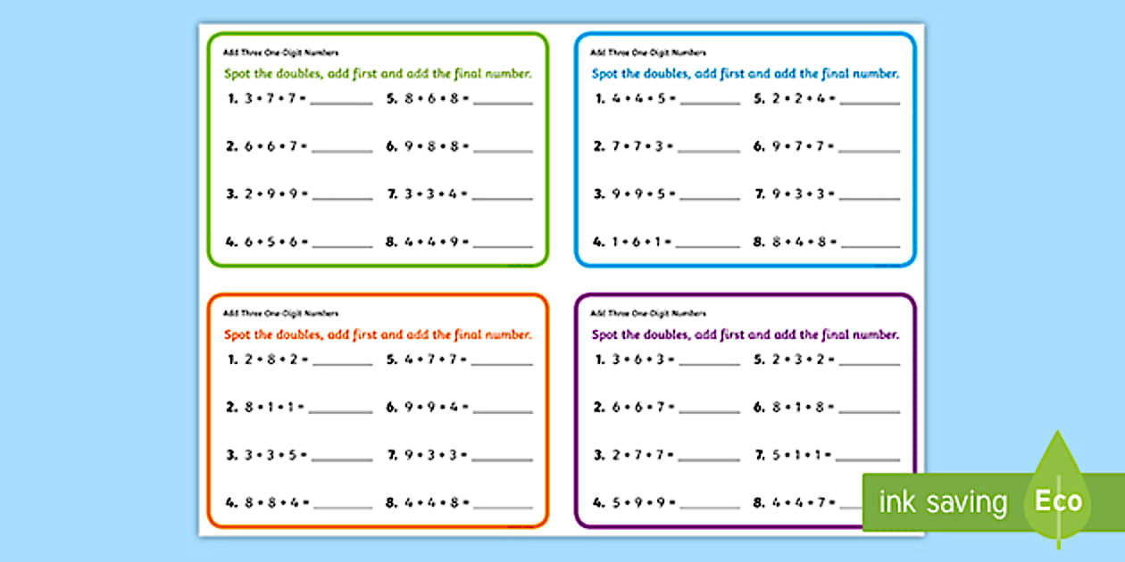 Add Three One Digit Numbers Doubles KS1 Maths Challenge Cards
