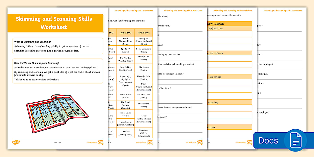 Reading Comprehension Skills: Skimming and Scanning Worksheet (Year 3-4)