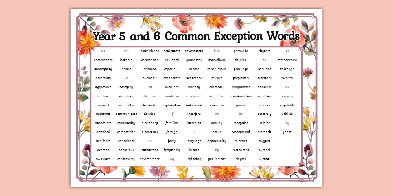 Wildflower Botanical Year 3 and 4 Common Exception Words Mat
