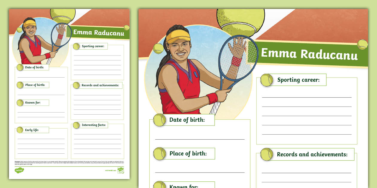 * NEW * KS2 Emma Raducanu Fact File Template (teacher made)