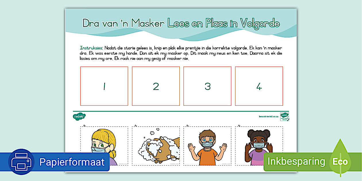 Dra van 'n Masker Lees en Plaas in Volgorde - Twinkl