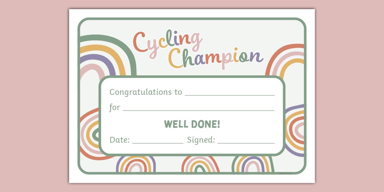 Muted Rainbow Themed Cycling Certificate (teacher made)