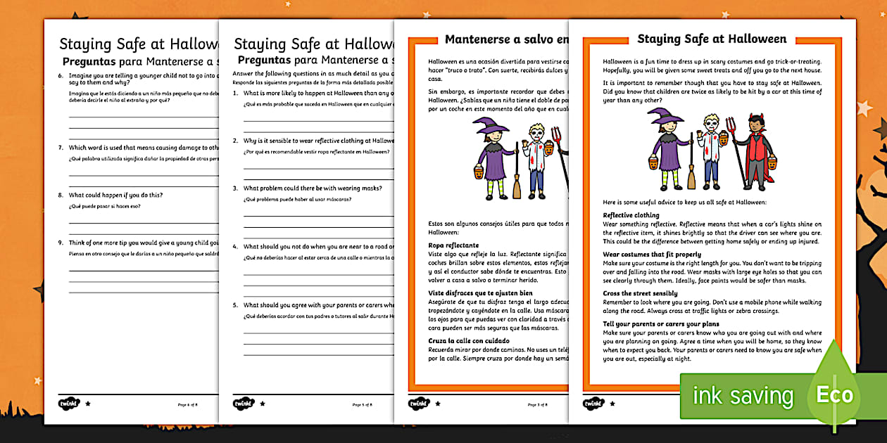 Staying Safe at Halloween Reading Comprehension Activity English/Spanish