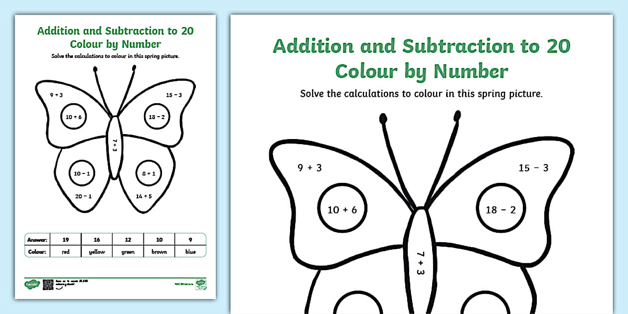 Butterfly Addition and Subtraction to 20 Colour by Calculation Worksheet