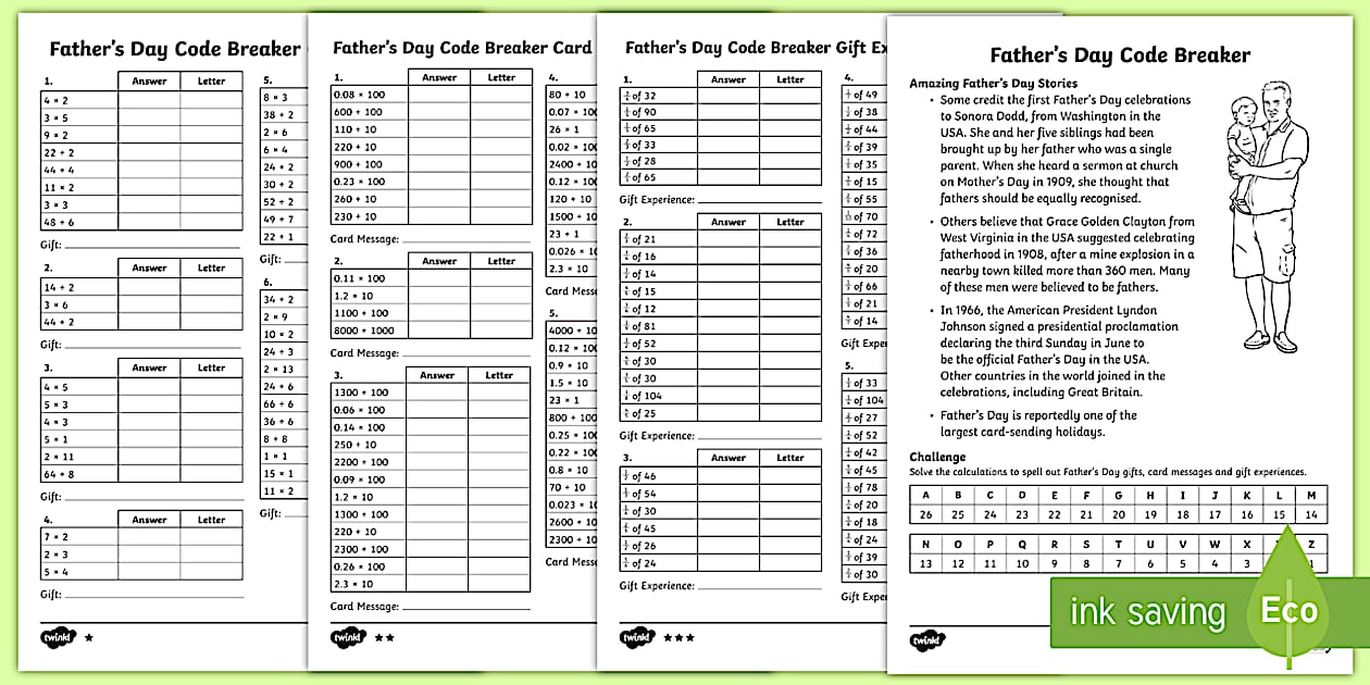 UKS2 Father's Day Code Breaker Differentiated Worksheets