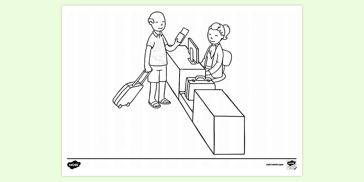 Man Checking in at Desk Colouring Sheet | Colouring Sheets