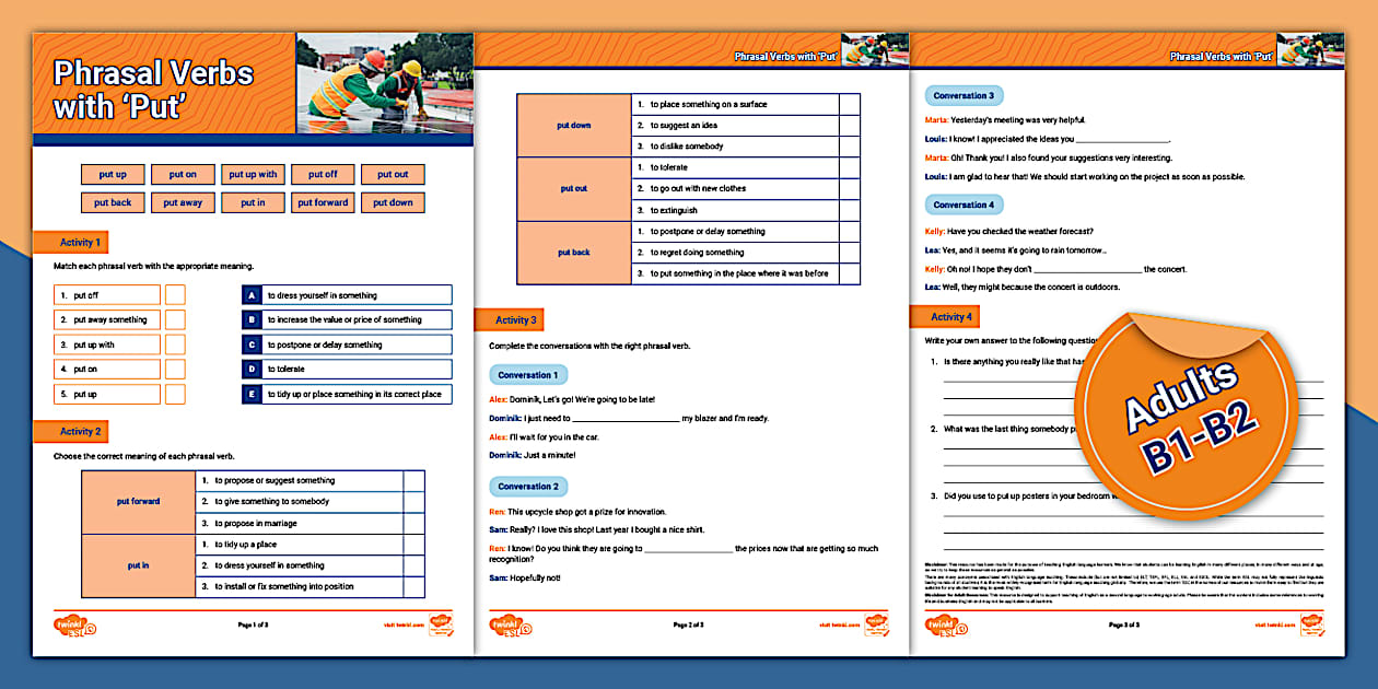 ESL Phrasal Verbs with 'Put' Worksheet [Adults, B1-B2]