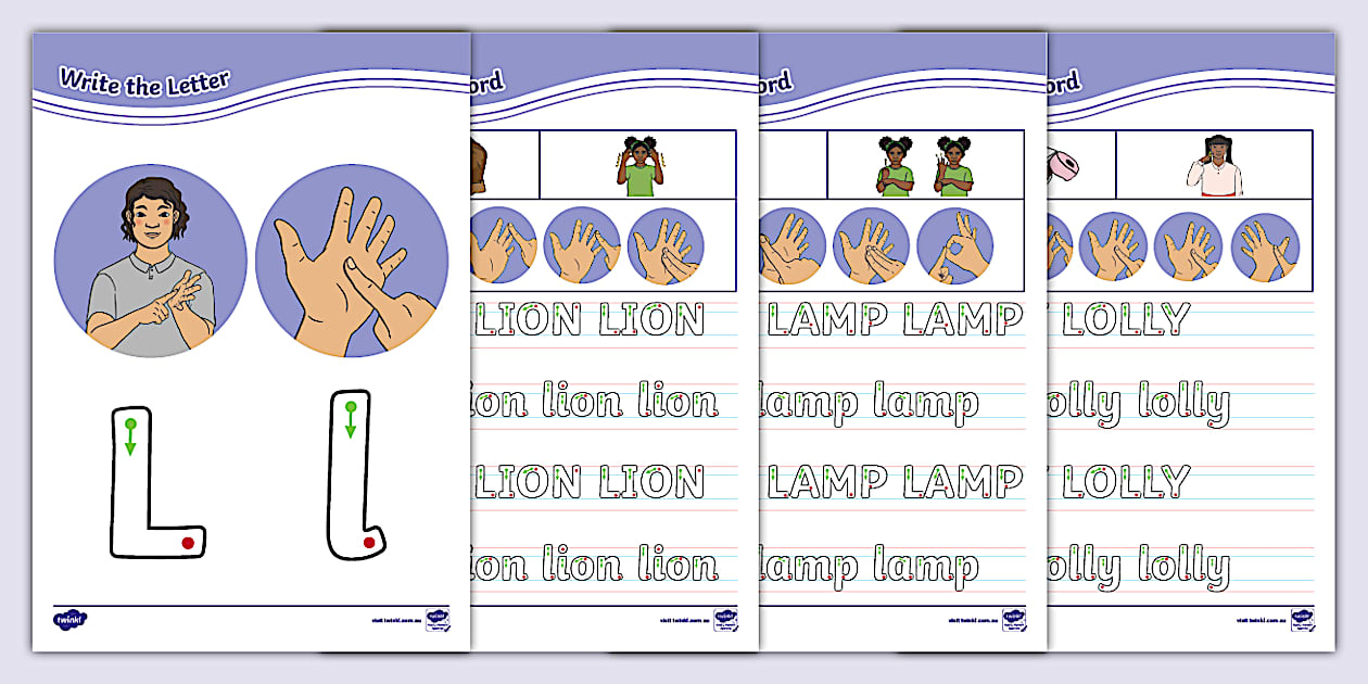 Words Starting with L Handwriting Worksheets with Auslan