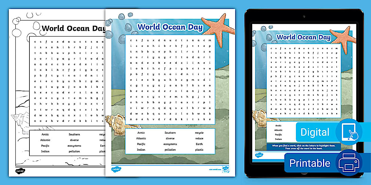 World Ocean Day Word Search for 3rd-5th Grade (Teacher-Made)
