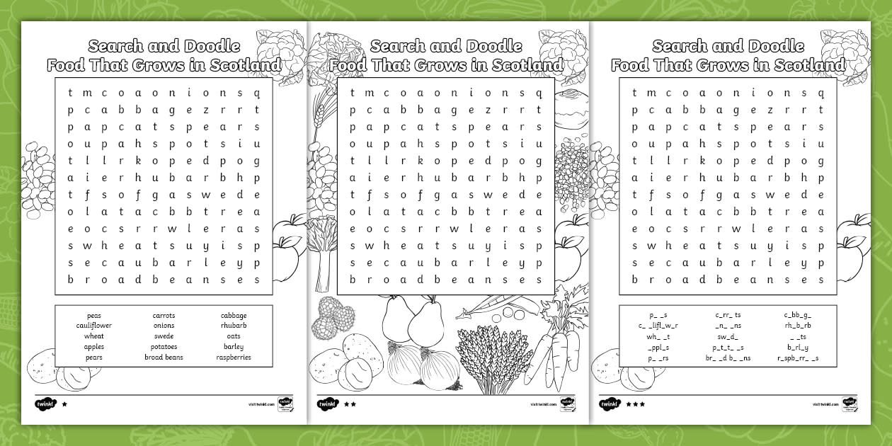 Search and Doodle Food That Grows in Scotland Word Search