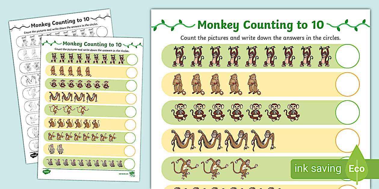 👉 Monkey Counting to 10 Worksheet (teacher made) - Twinkl