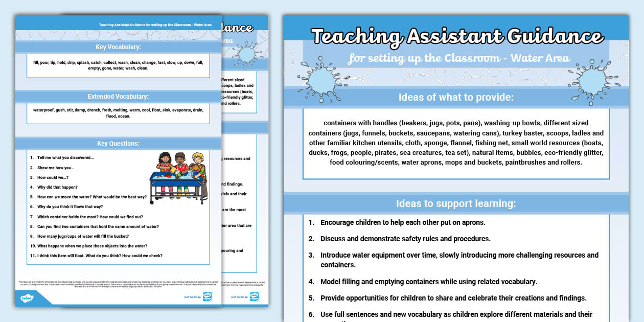 Teaching Assistant Guidance for setting up the Classroom - Water Area