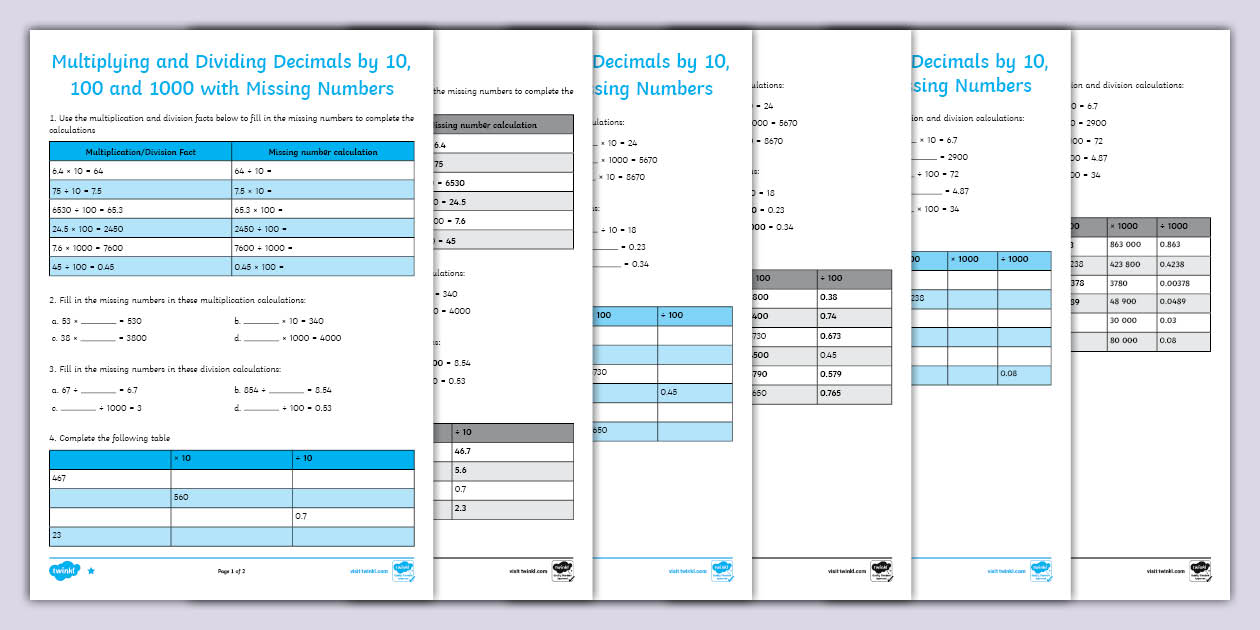 Editable Multiplying and Dividing Decimals by 10, 100 & 1000 with Missing
