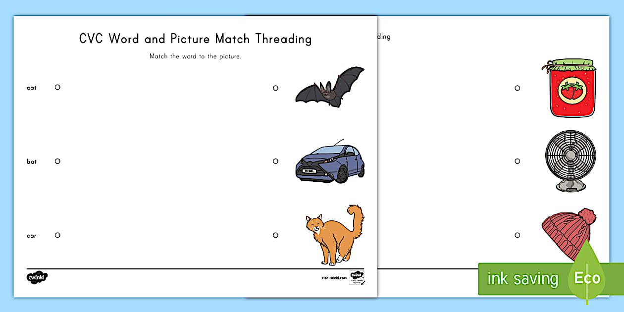 CVC Word and Picture Match Threading Worksheet - Twinkl