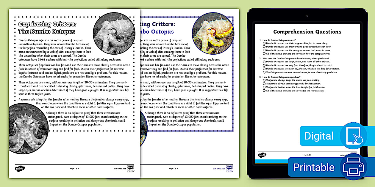 Dumbo Octopus Facts Comprehension Worksheet | Twinkl USA