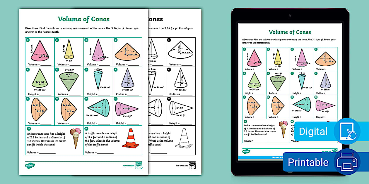 Eighth Grade Volume of Cones Worksheet (teacher made)