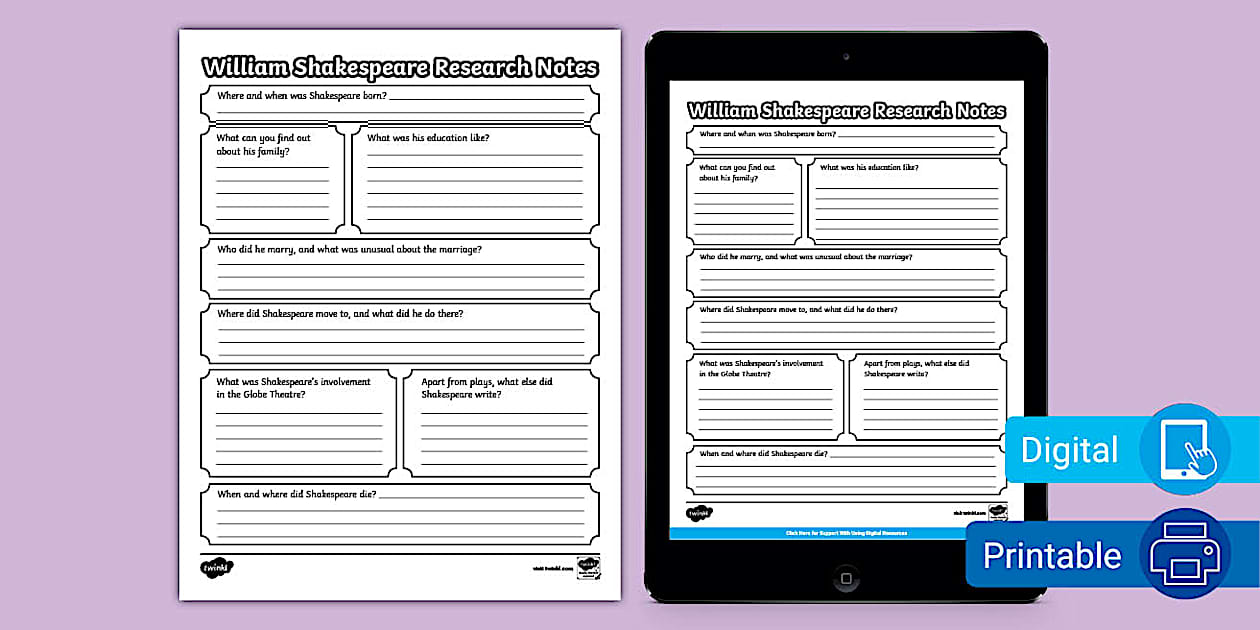 Shakespeare Research Notes for 6th-8th Grade (Teacher-Made)